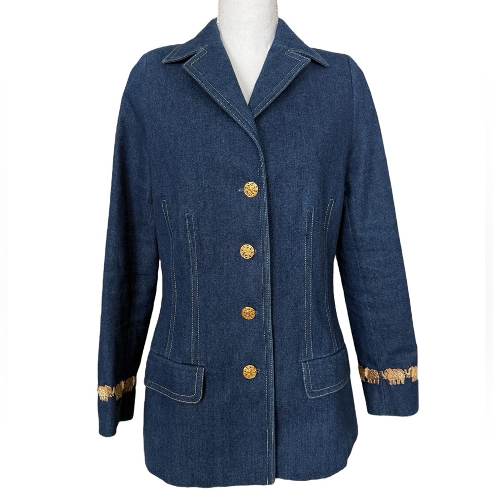 Escada Denim Embroidered Elephant Blazer Jacket - Gem